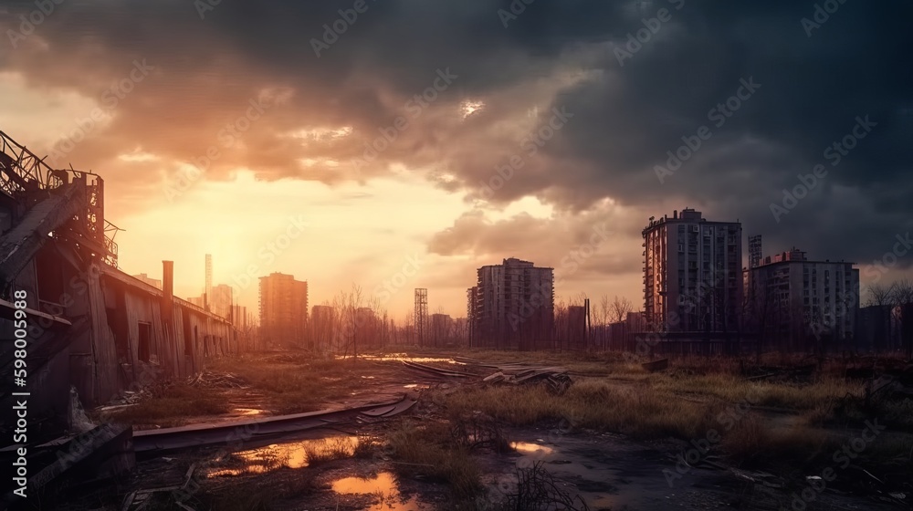 Destroyed in war post apocalyptic city background with storm clouds and ...