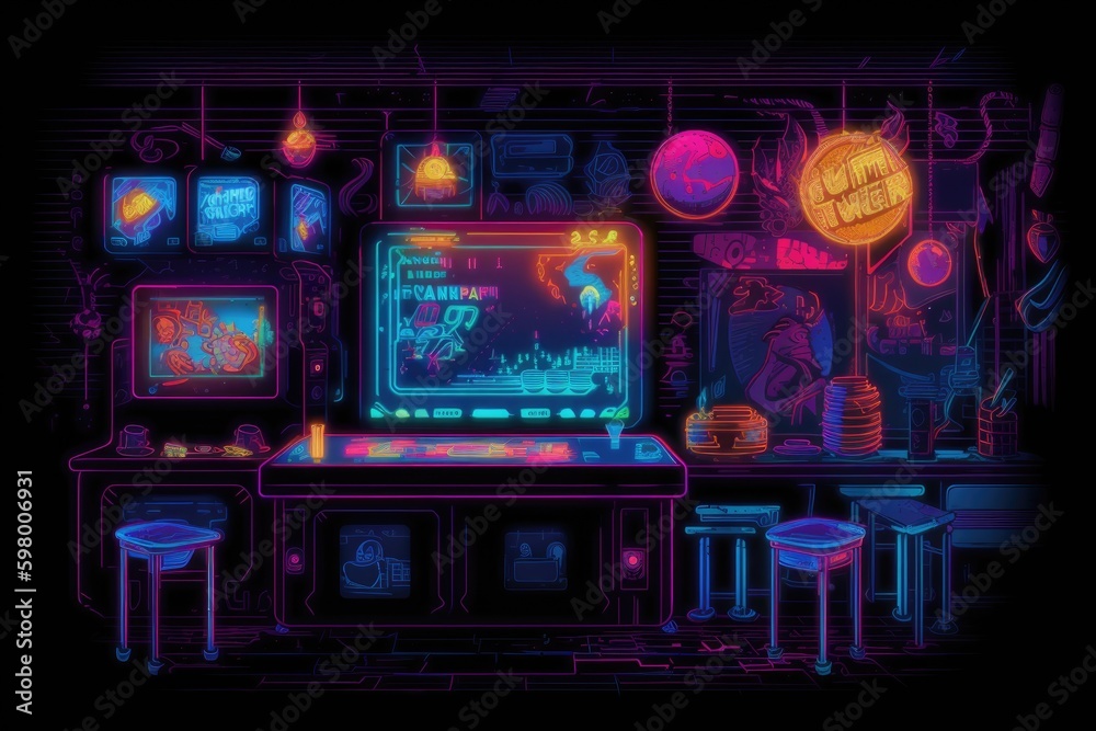 Pixel art style image of mysterious pinball dive bar in neon lights, Ai ...