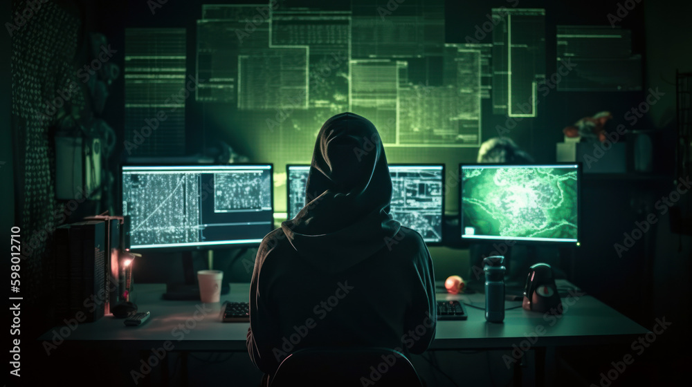 Back view of a nefarious hacker sitting on their chair behind computer ...