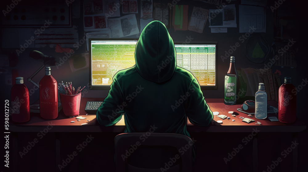 Back view of a nefarious hacker sitting on their chair behind computer ... Back view of a nefarious hacker sitting on their chair behind computer ...