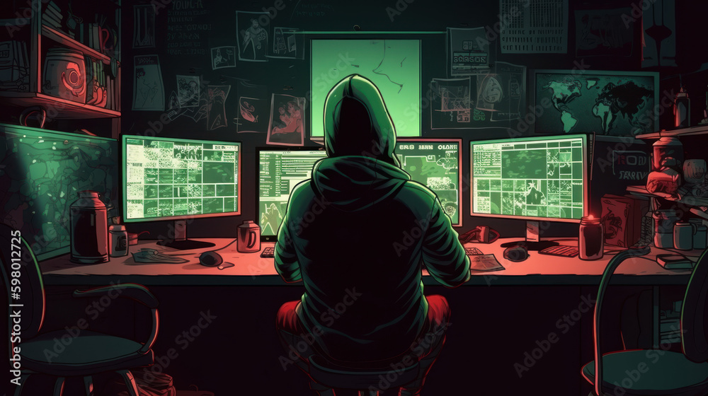 Back view of a nefarious hacker sitting on their chair behind computer ...