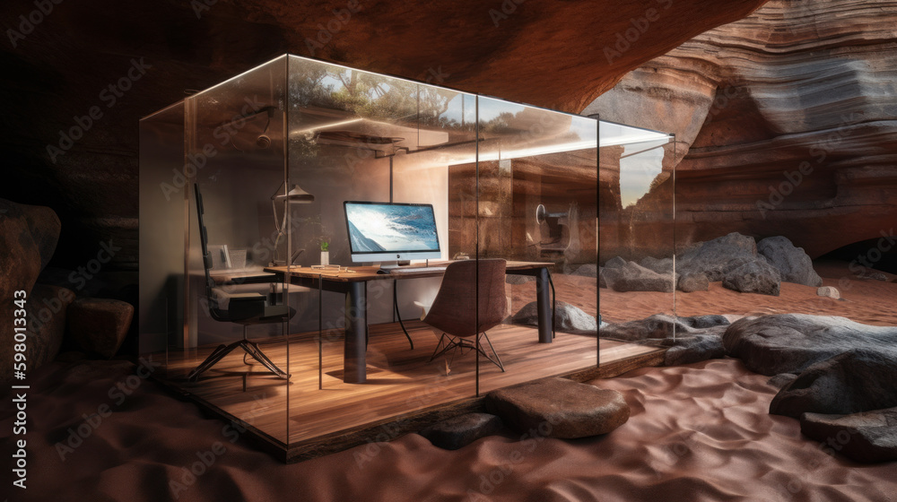 Fully glass modern office inside a cave, generative ai Stock ...