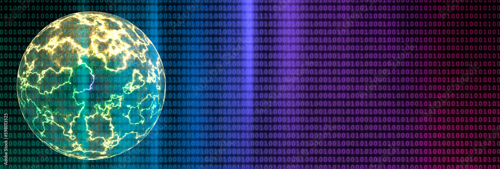 Futuristic neon background. Sparkling planet on a background of binary ...