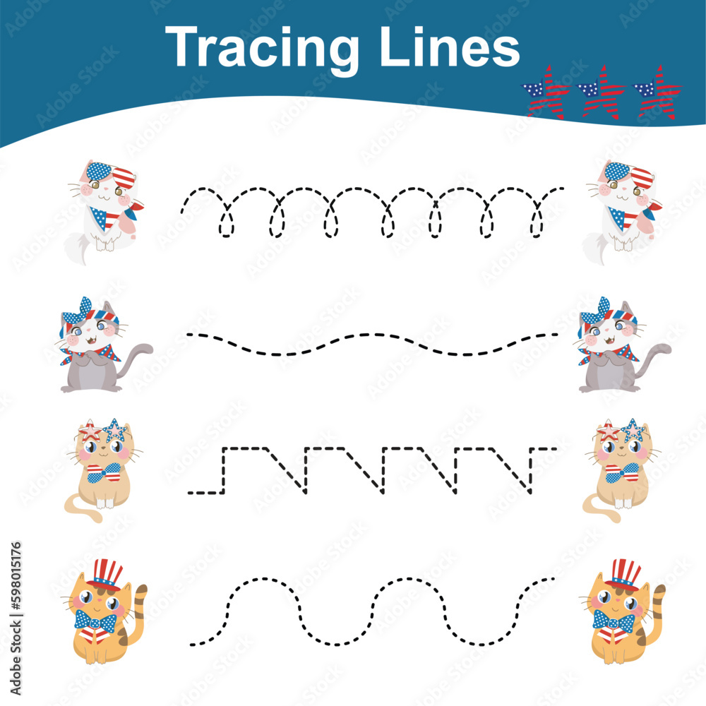 Tracing Lines Game Fourth July Edition. Worksheet activity for kids ...