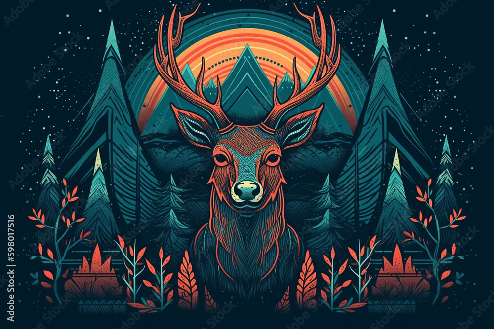 buck deer with pine trees, mountains as native american style art ...