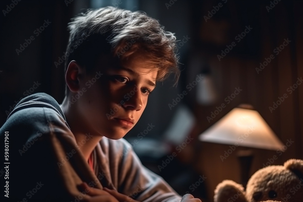 young teenage boy sad and nearly crying at home in a dark room in the evening or night ...