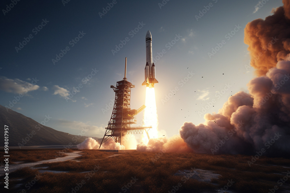 rocket taking off with intense flames and smoke, representing the ...