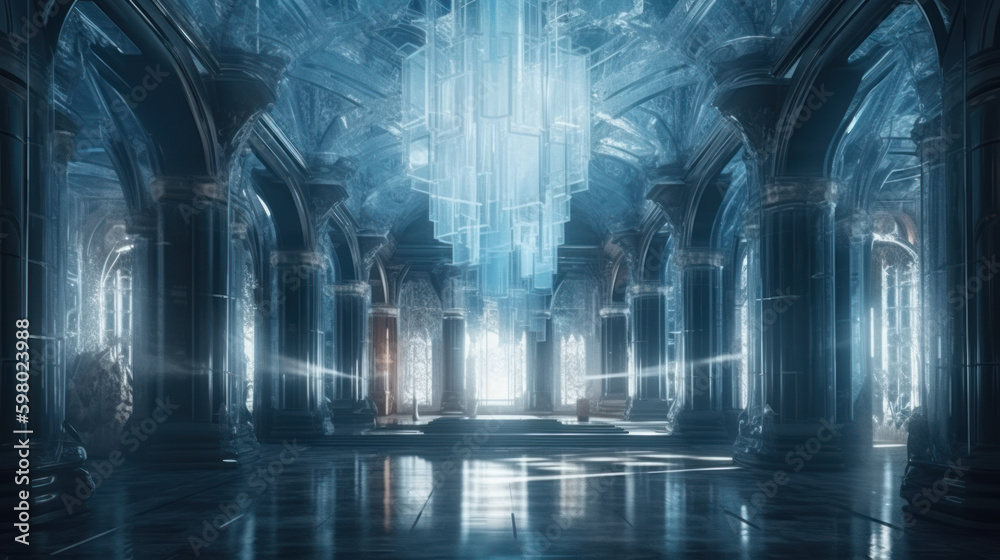 Architecture bade from ice, city inside an glacier, shiny ice buildings ...