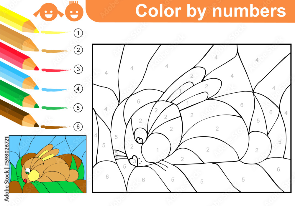 Rabbit. Coloring puzzle with number of color. Printable design coloring ...