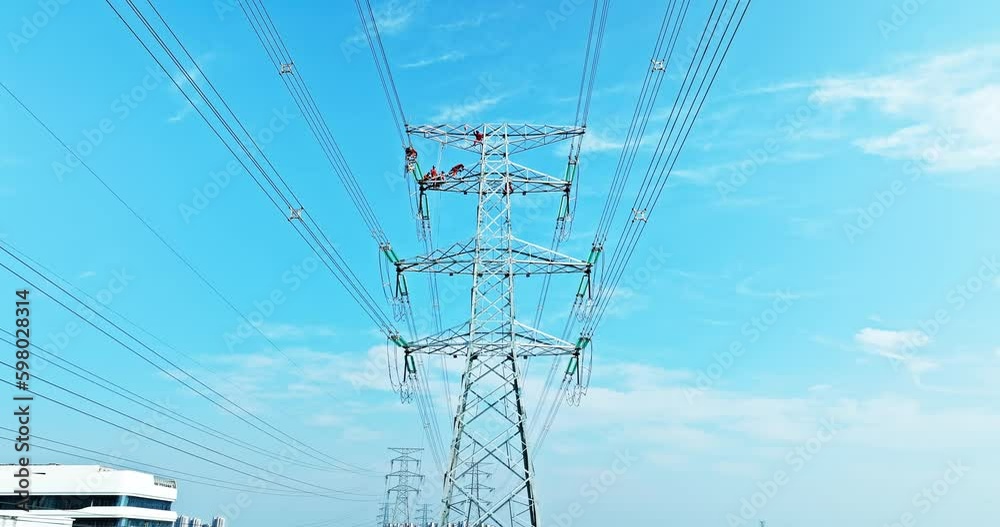 Aerial view of high voltage power tower. Chinese Electric Power ...