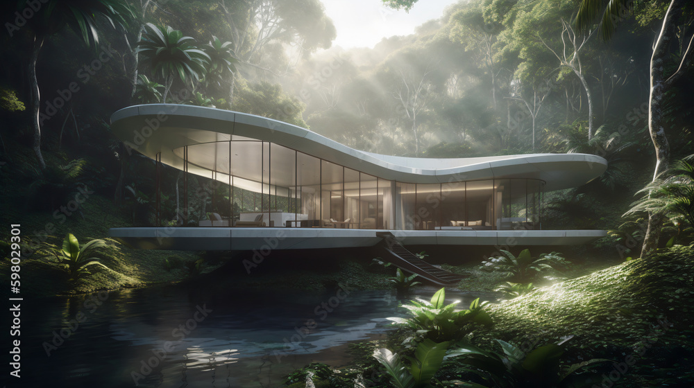 Futuristic design of house in the jungle. Generated by a neural network ...