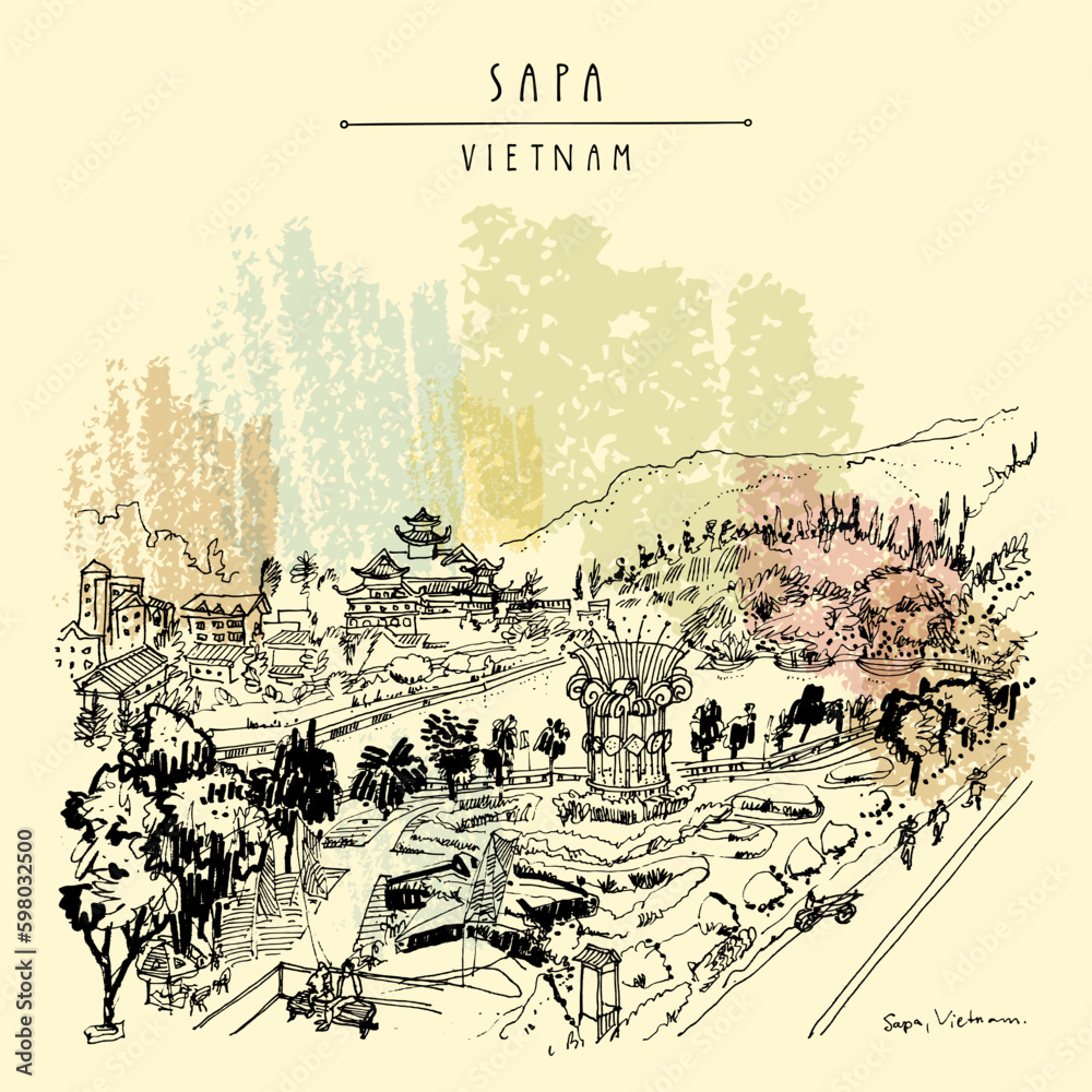 Vector Sapa, Vietnam, Southeast Asia vintage hand drawn postcard ...