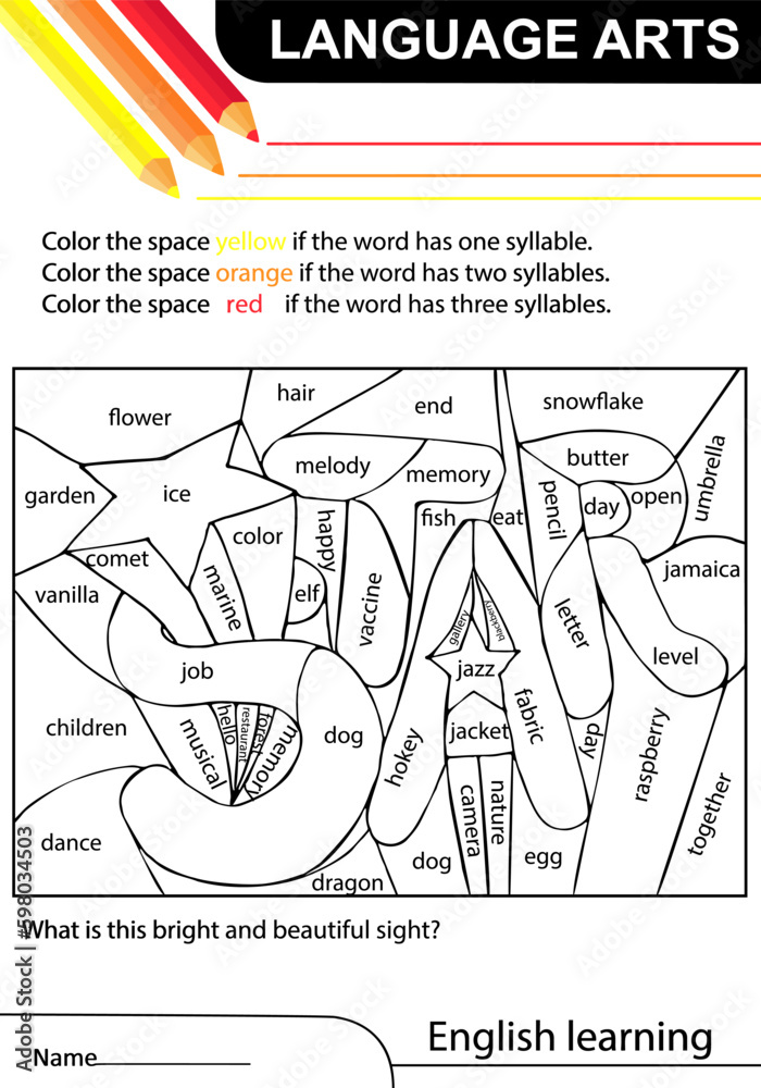 Language arts. English learning. Star. Task coloring the space if the ...