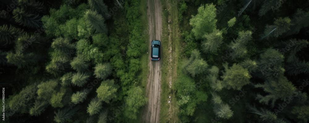Bird's eye view of a forest road with a red car driving through it ...
