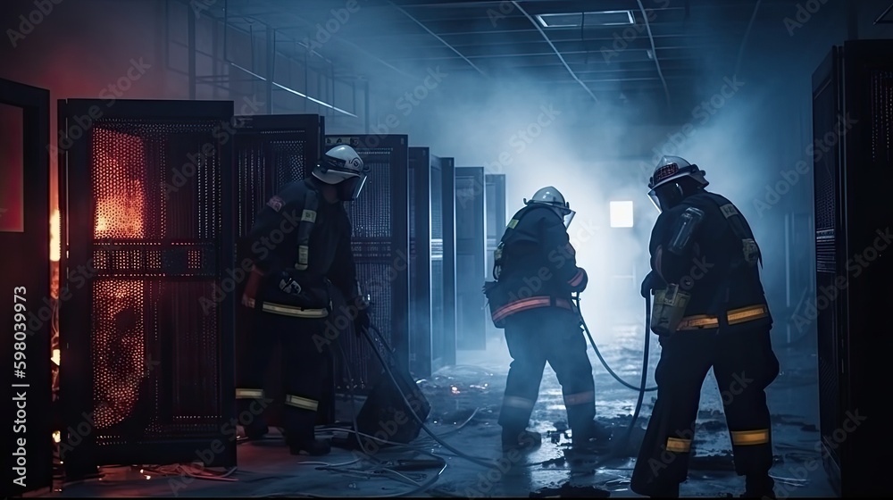 Firefighters tackling data center fire with burning servers racks ...
