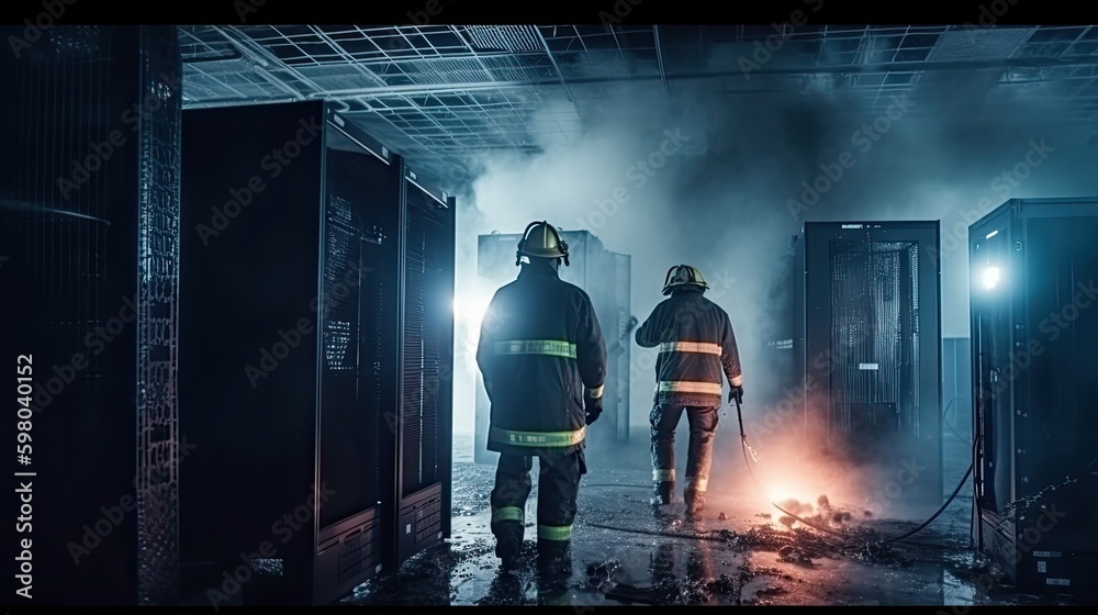 Firefighters tackling data center fire with burning servers racks ...
