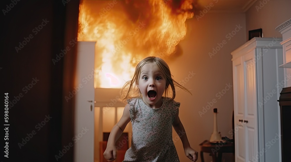 Scared little girl running away from fire in home, screaming girl ...