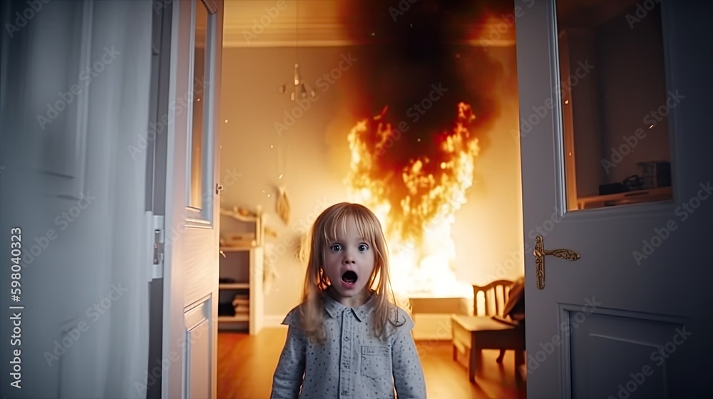 Scared little girl running away from fire in home, screaming girl ...