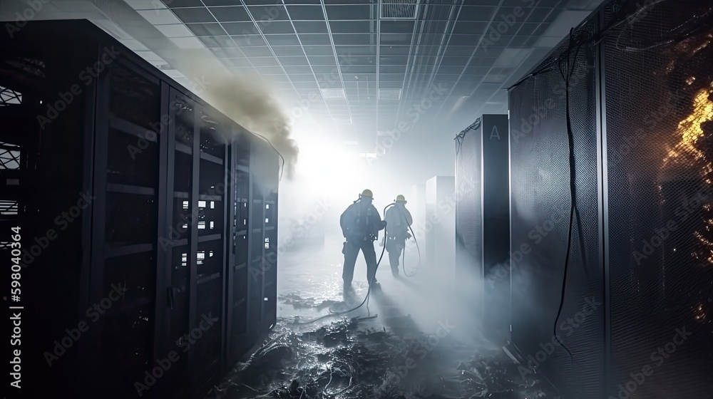 Firefighters tackling data center fire with burning servers racks ...