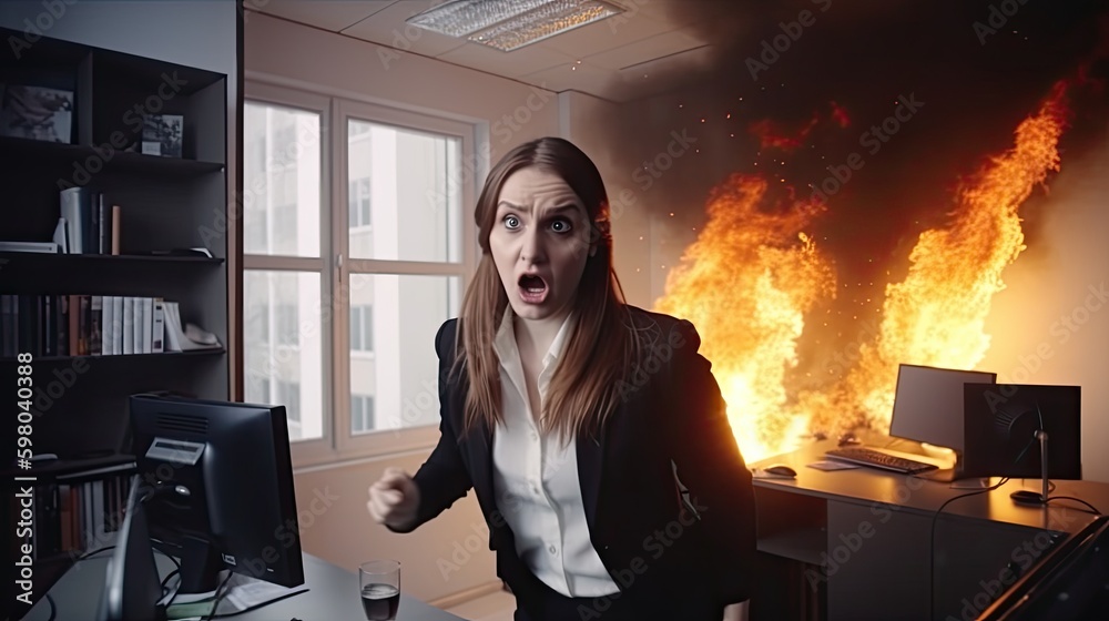 Scared woman running away from fire in office, screaming female office ...