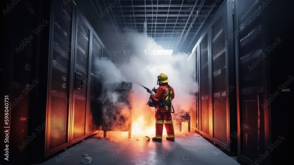 Firefighters tackling data center fire with burning servers racks ...