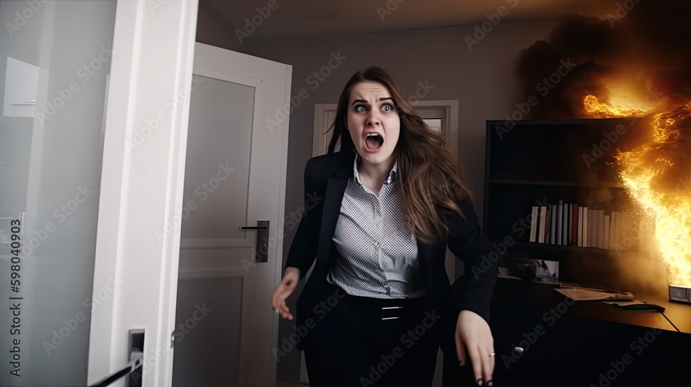 Scared woman running away from fire in office, screaming female office ...