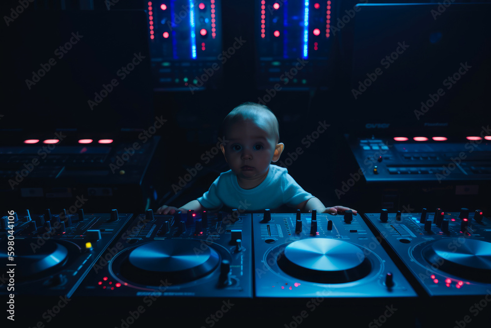 Little baby child, dressed as a DJ, playing music at a dance party ...