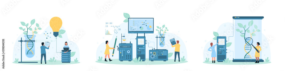 DNA lab research set vector illustration. Cartoon tiny people with ...