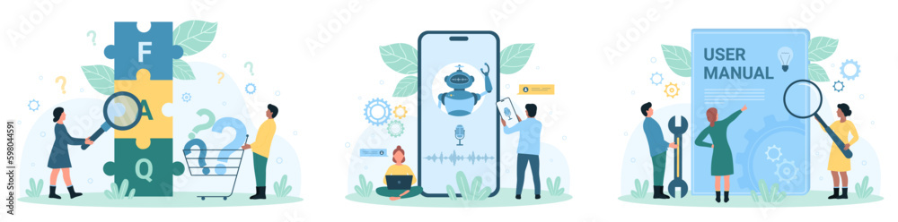 FAQ inquiry set vector illustration. Cartoon tiny people look through ...