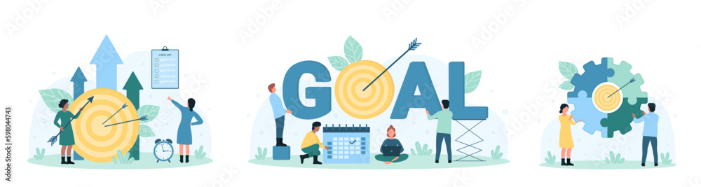 Team goal, management strategy set vector illustration. Cartoon tiny ...