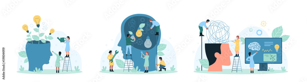 Growth of ideas, skills set vector illustration. Cartoon tiny people ...