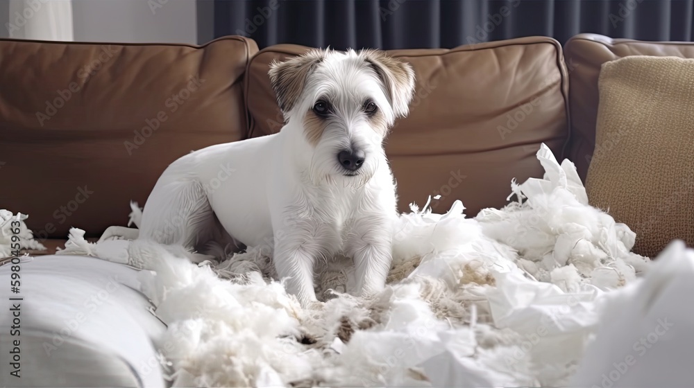 Fluffy Furry Pet Problem: Bored Dog Destroys Sofa Cushions and Leaves ...