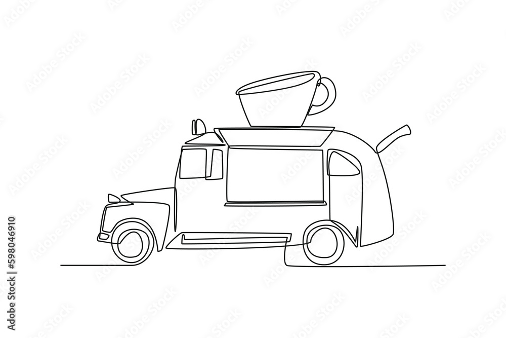 Continuous one line drawing Food truck vehicle coffee shop on the truck ...
