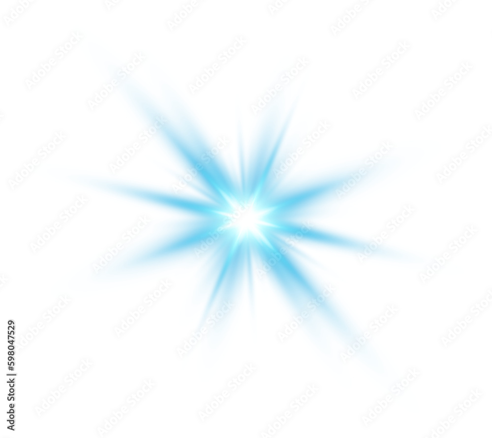 Blue glowing lights effects isolated on transparent background. Solar flare with beams and ...