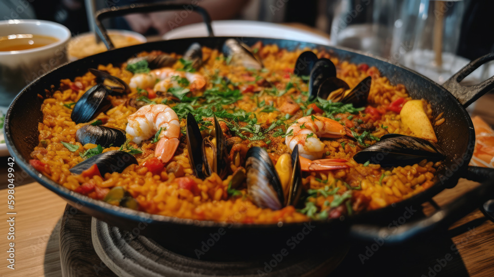 A delicious seafood paella, with yellow rice due to the color given by ...