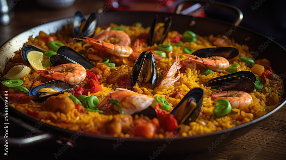 A delicious seafood paella, with yellow rice due to the color given by ...