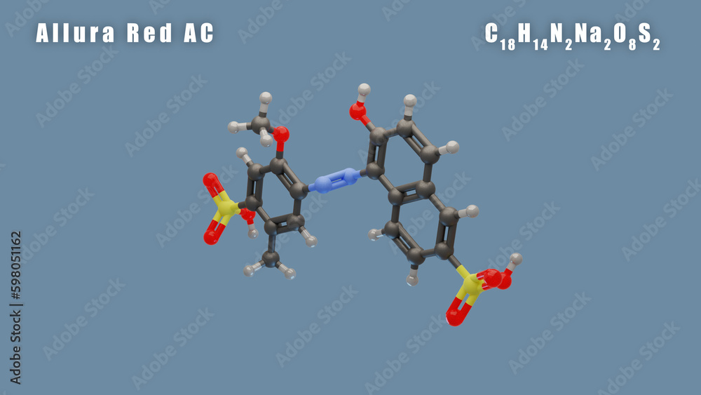 Allura Red AC molecule of C18H14N2Na2O8S2 3D Conformer render. Food ...