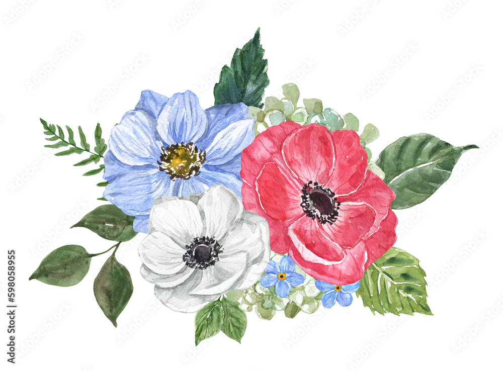 Floral bouquet, watercolor illustration. Red, white, and blue flowers ...