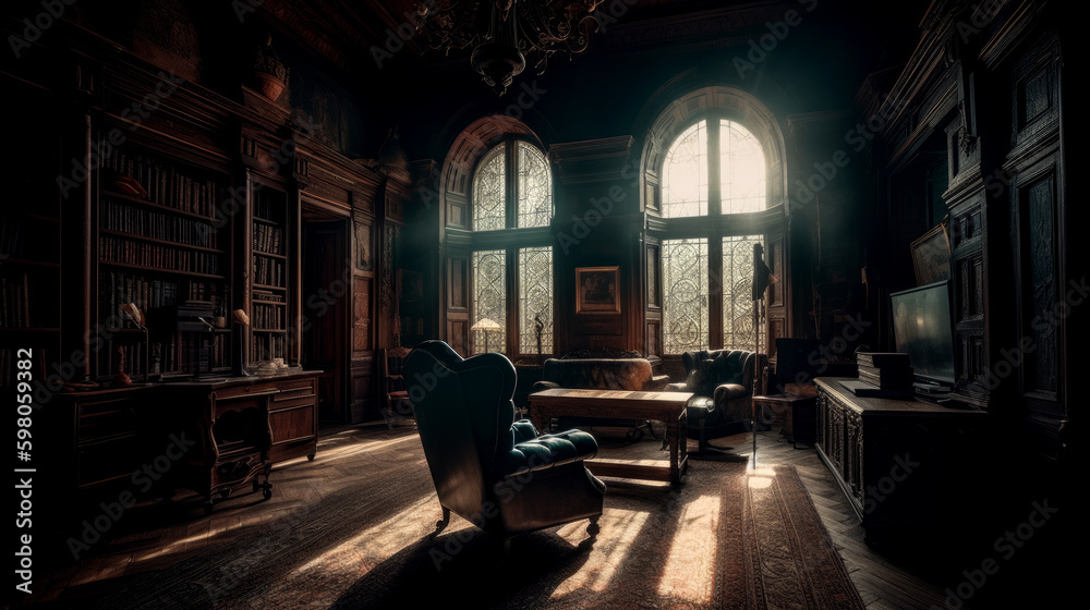 Gothic, interior of large library with many bookshelves, gothic reading ...
