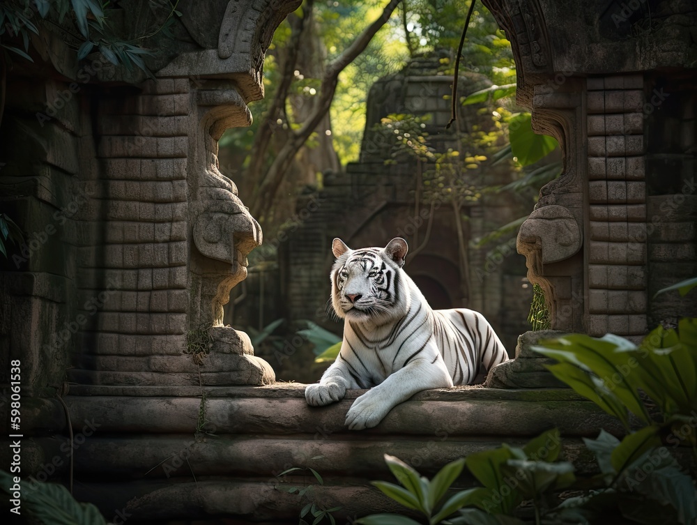 Rare White Tiger Roaming Through an Ancient Cambodian Temple Stock ...