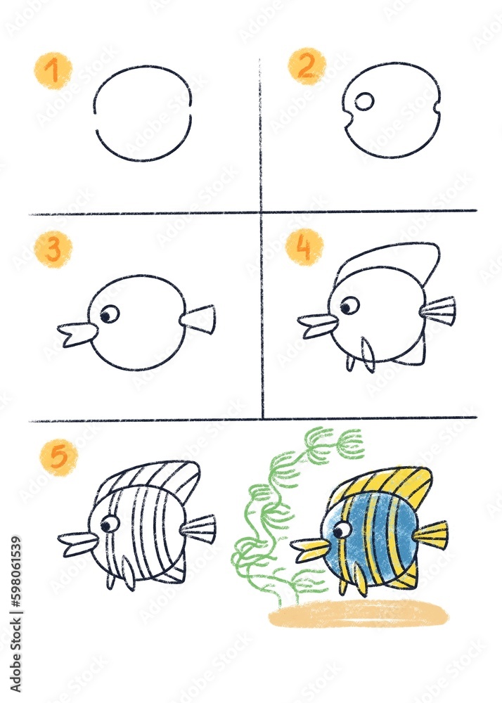 Step by step drawing of funny fish. Coloring by sample. Easy level for ...