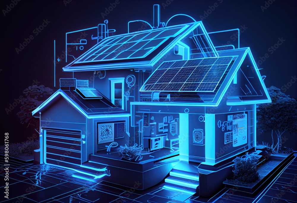 Smart house with solar panels, sketch in 3D with infographics in blue ...