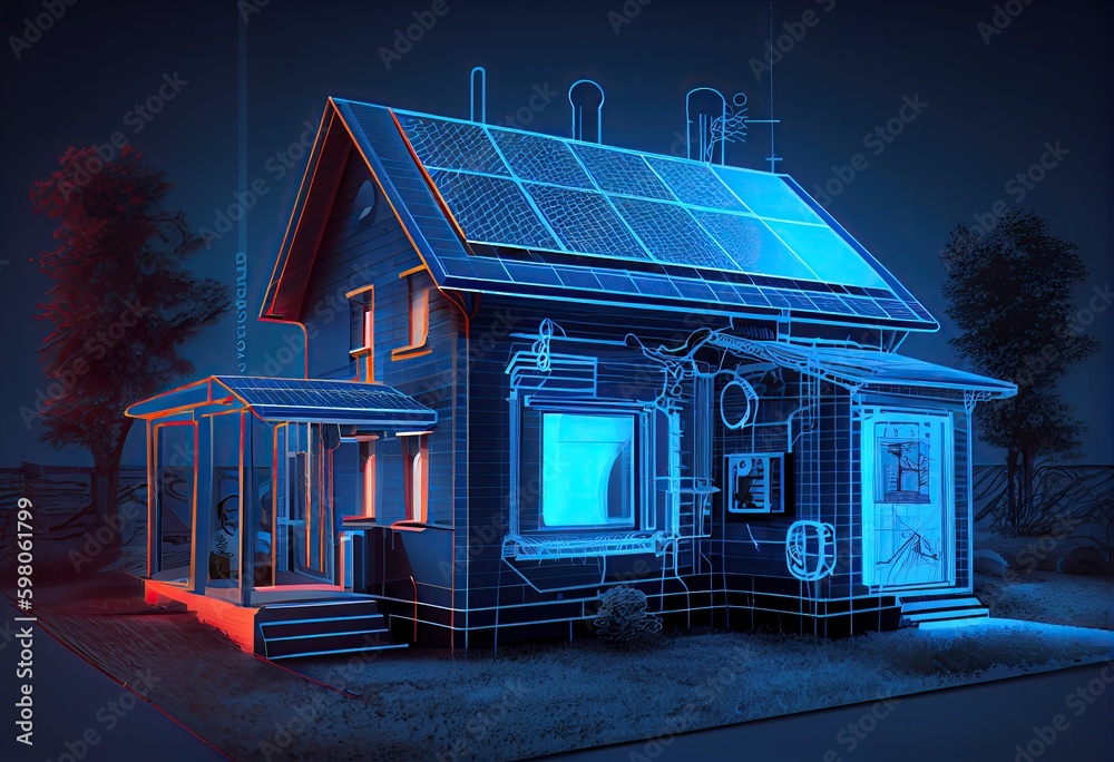 Smart house with solar panels, sketch in 3D with infographics in blue ...