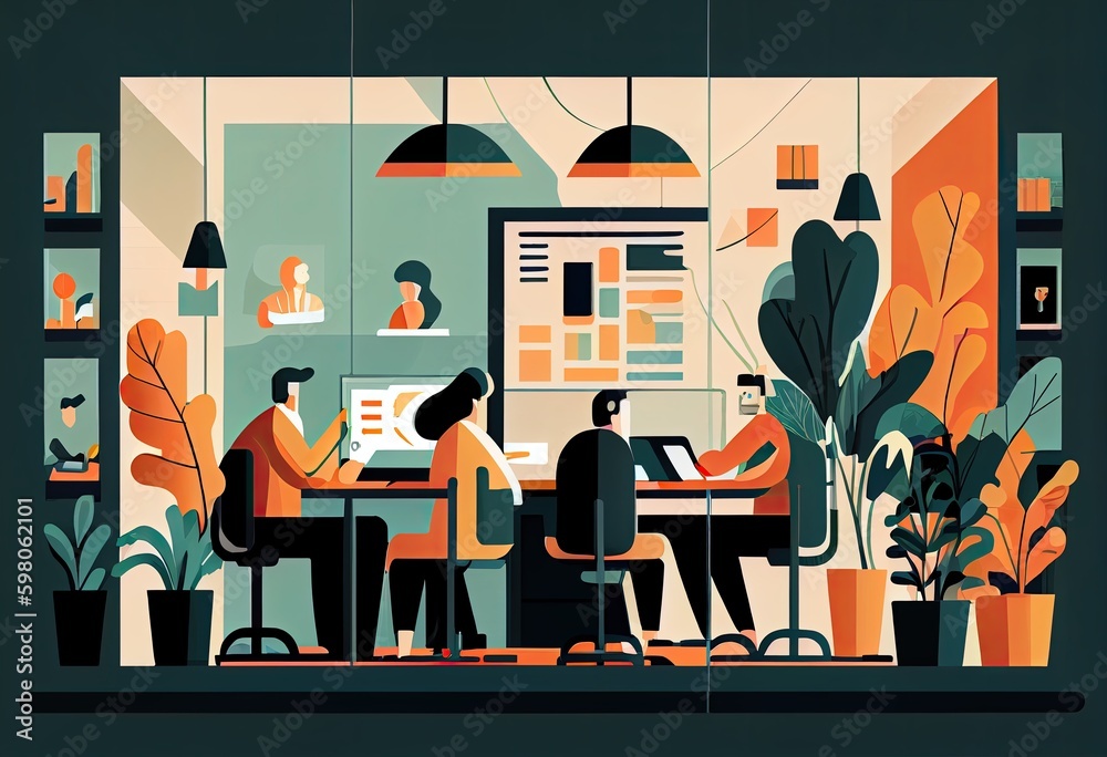 tech illustration, meeting company office, simple minimal, by slack and ...