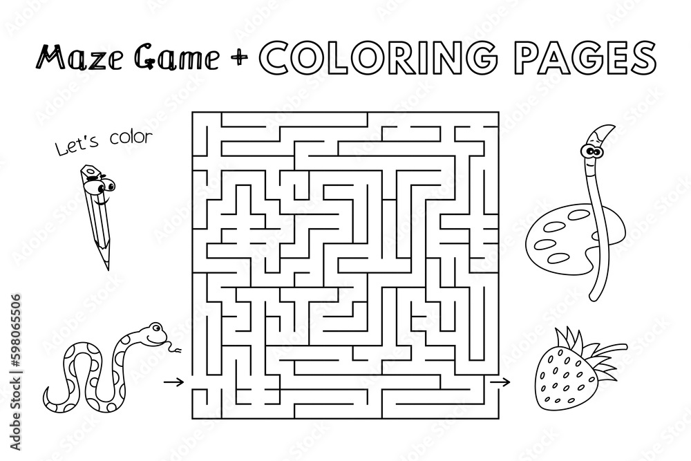 Cartoon snake maze game. Vector coloring book pages for children Stock ...