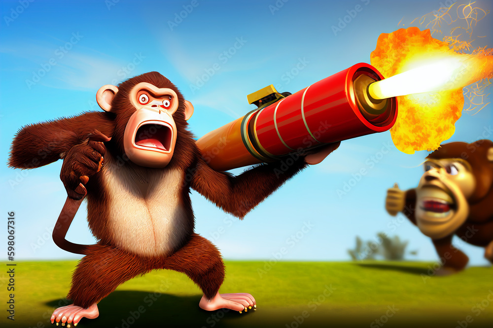 Monkey with bazooka a shots. Bazooka in hands of evil monkey. Evil and ...