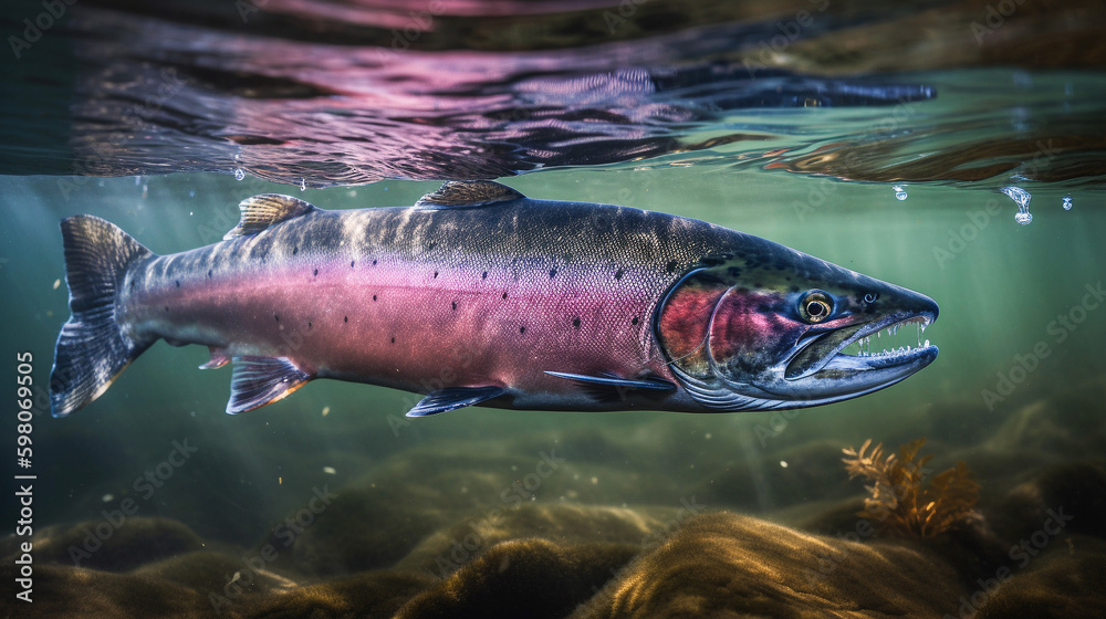 Large salmon fish swimming in river water to spawn and lay eggs during ...