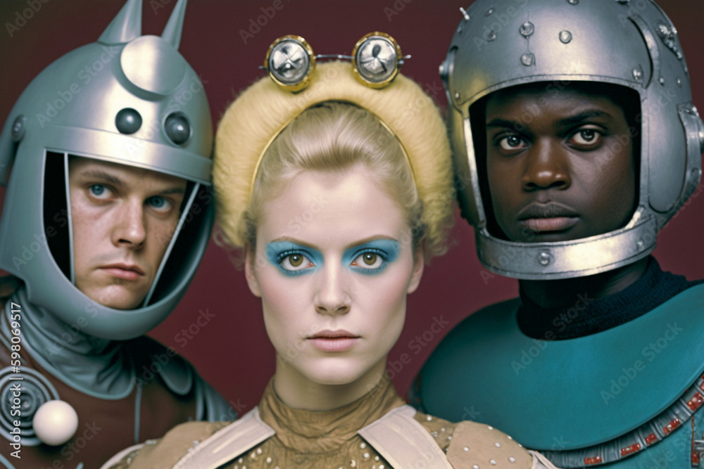 Actors wearing cheesy sci fi costumes from outer space for a retro ...