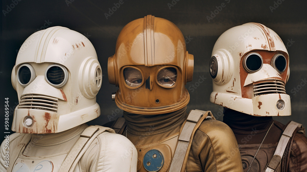 Actors wearing cheesy sci fi costumes from outer space for a retro ...