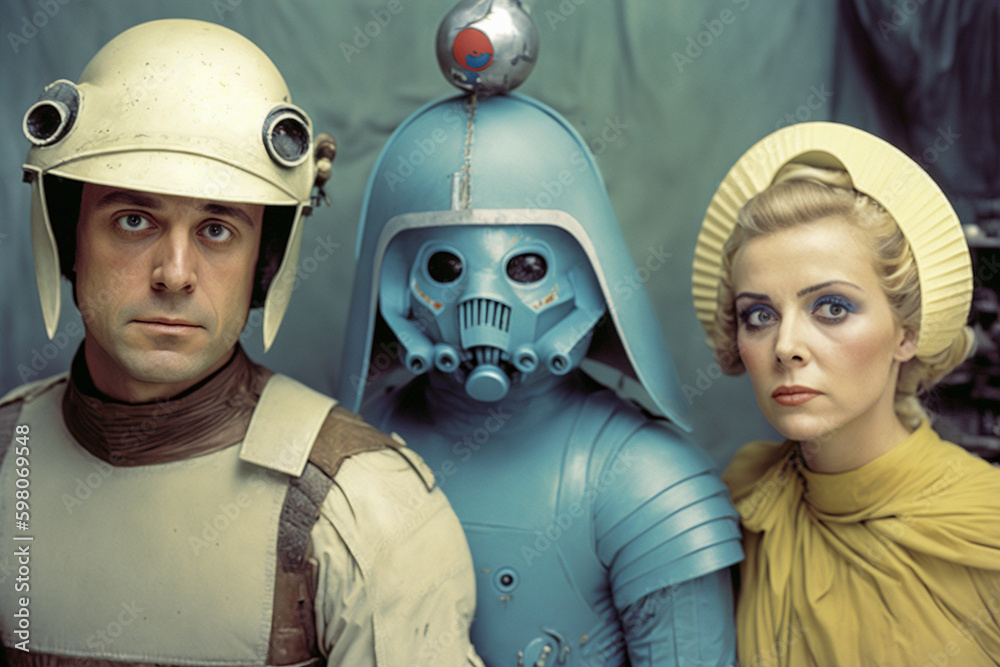 Actors wearing cheesy sci fi costumes from outer space for a retro ...